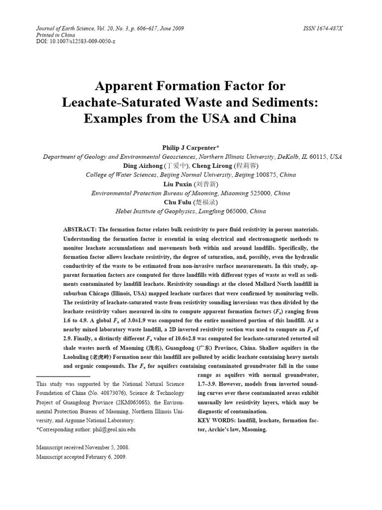 Apparent Formation Factor For Lechate Saturated Waste and Sediments ...