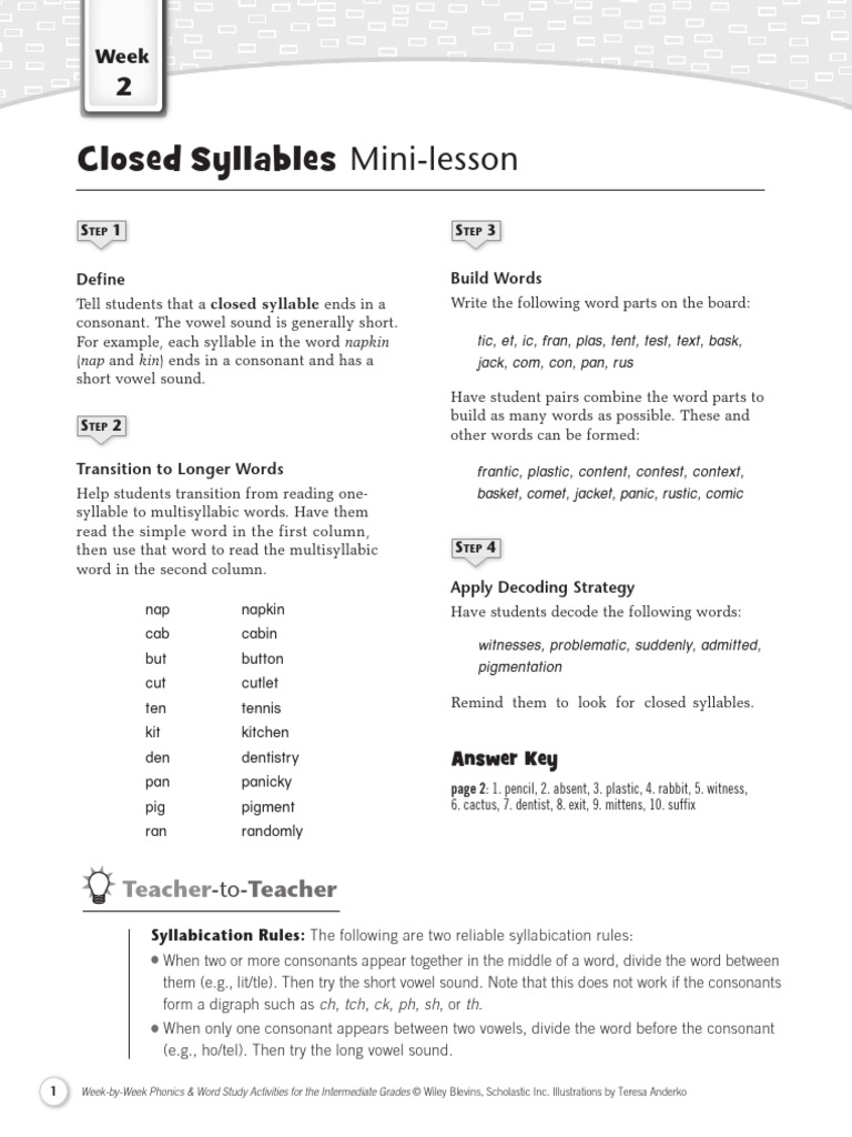 Closed Syllables Mini-Lesson.: Teacher | PDF | Phonics | Consonant