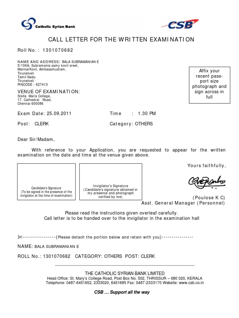 Call Letter For The Written Examination: Roll No.: 1301070682 | PDF ...