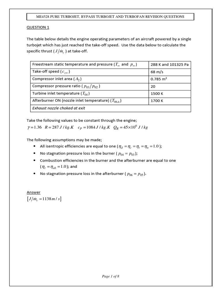 ME4528 Turbojet (Pure and Low Bypass) and Turbofan Revision Questions (Mar 2023) | PDF ...