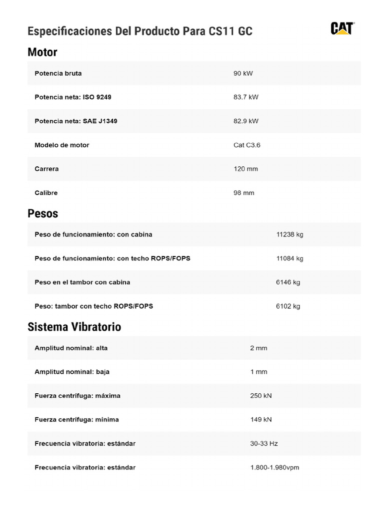 FICHA TECNICA VIBROCOMPACTADOR CAT CS11-GC | PDF