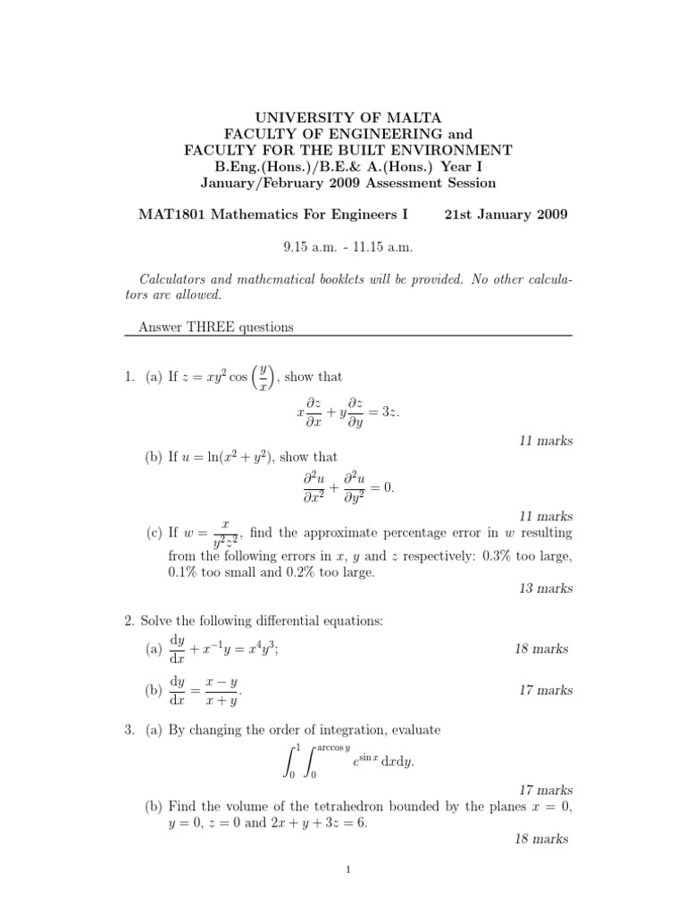 Mathematics For Engineers 1 Past Paper 2008-2009