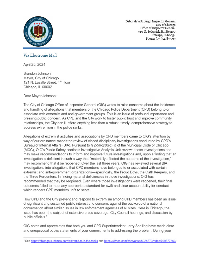 Inspector general’s letter | PDF | Chicago Police Department | Police