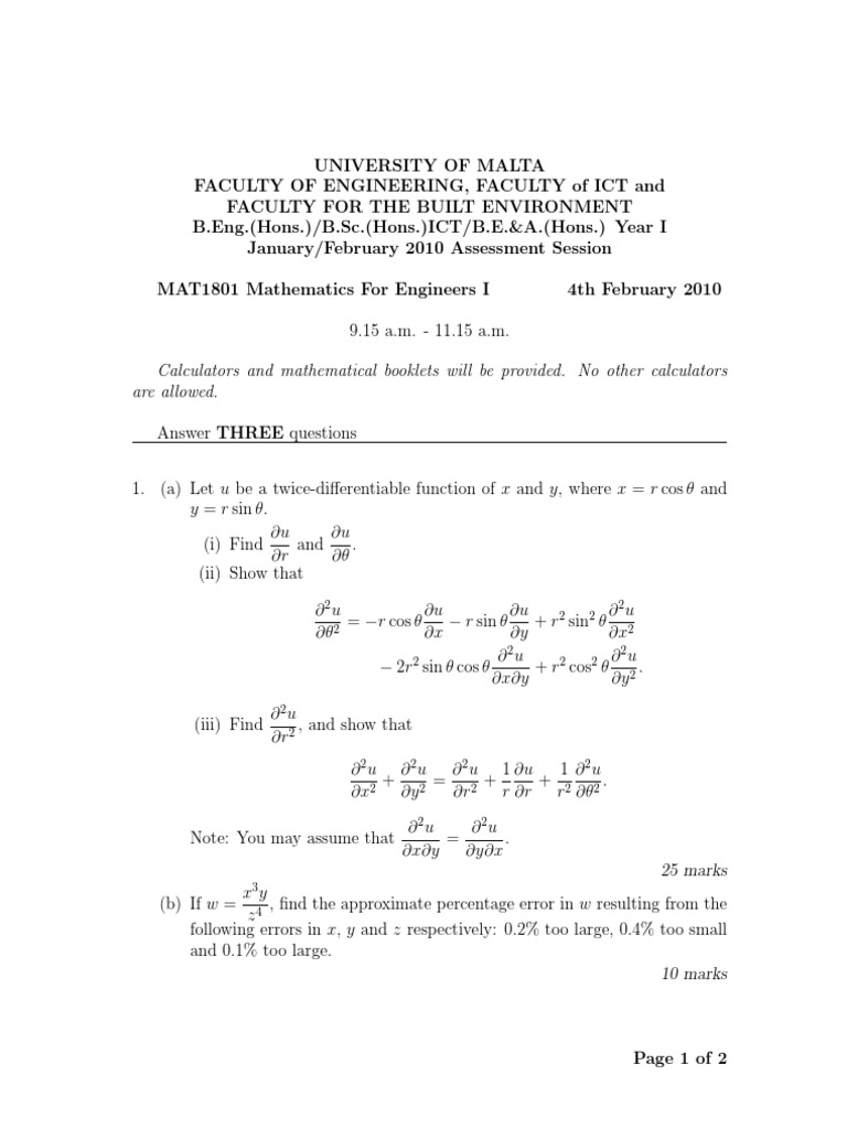 Mathematics For Engineers 1 Past Paper 2009-2010 | PDF