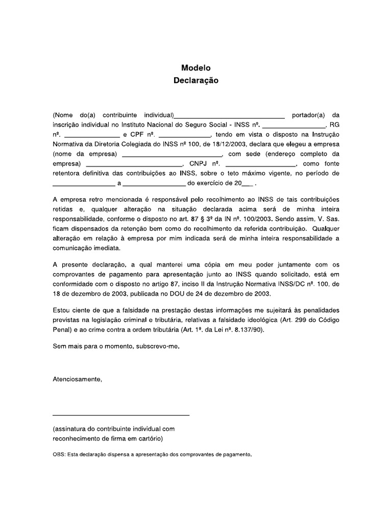 Modelo Declaração Inss | PDF