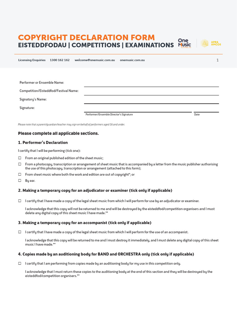 APRA Copyright Declaration Form | PDF | Musicology | Freedom Of ...