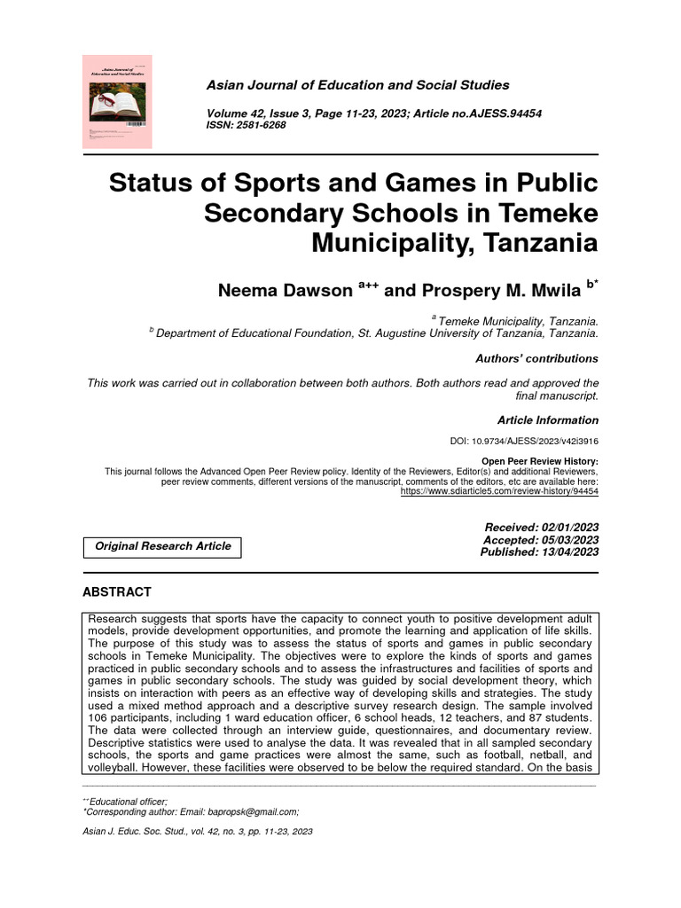 Neema &Mwila4232022AJESS94454 | PDF | Sports | Physical Education