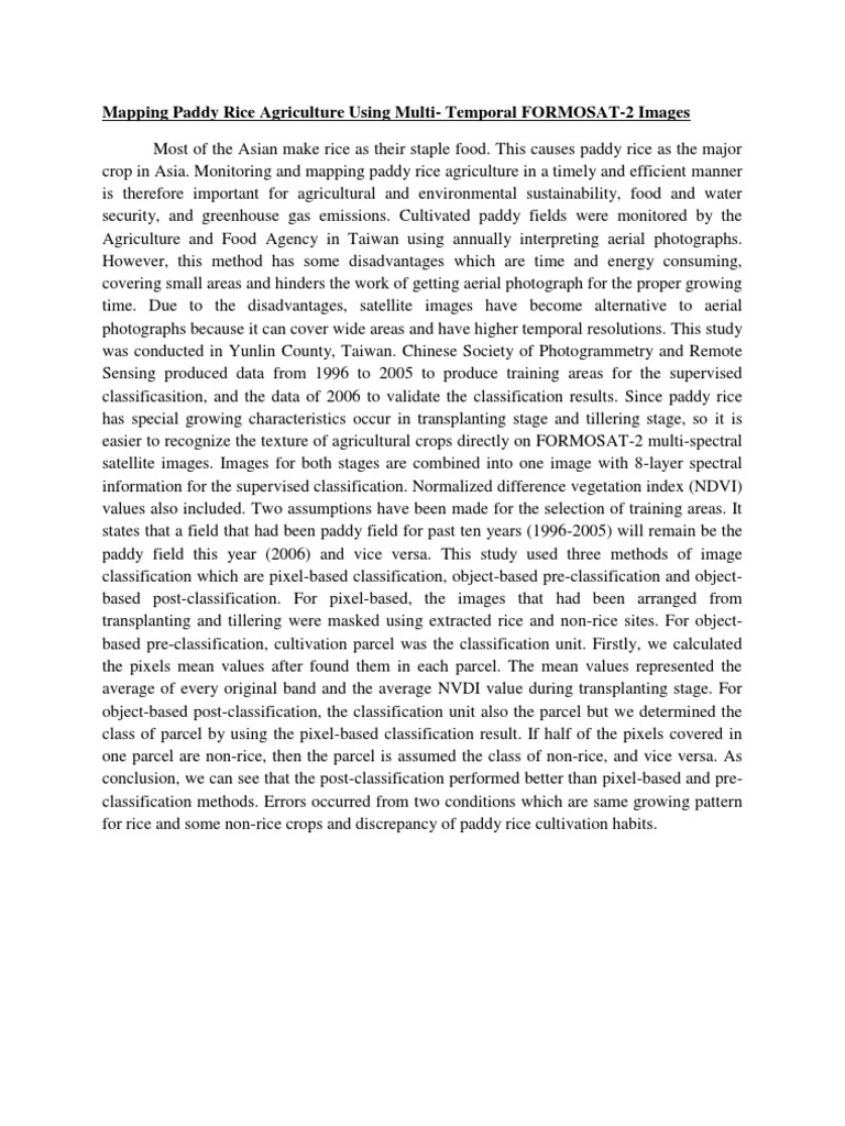 Mapping Paddy Rice Agriculture Using Multi-Temporal FORMOSAT-2 Images | PDF | Rice | Paddy Field