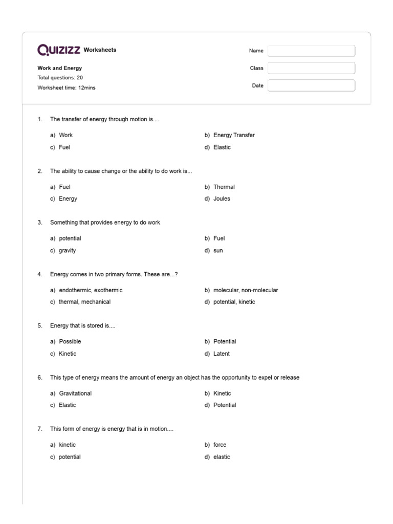 Work and Energy - Quizizz | PDF | Potential Energy | Kinetic Energy