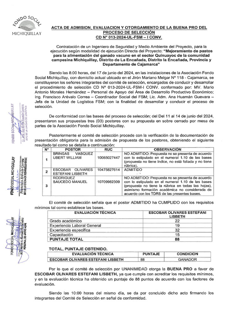 Acta de Evaluación y Otorgamiento de Buena Pro | PDF