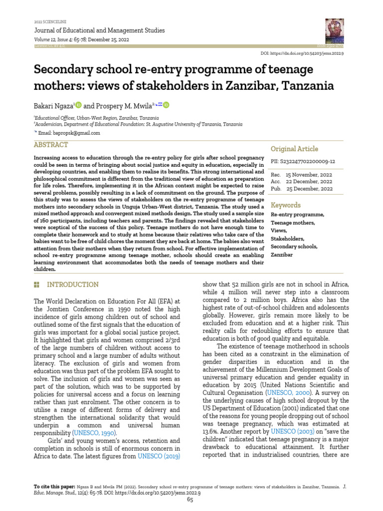 Nganza and Prospery JEMS, 12 (4) 65-78, 2023 | PDF | Teenage Pregnancy ...