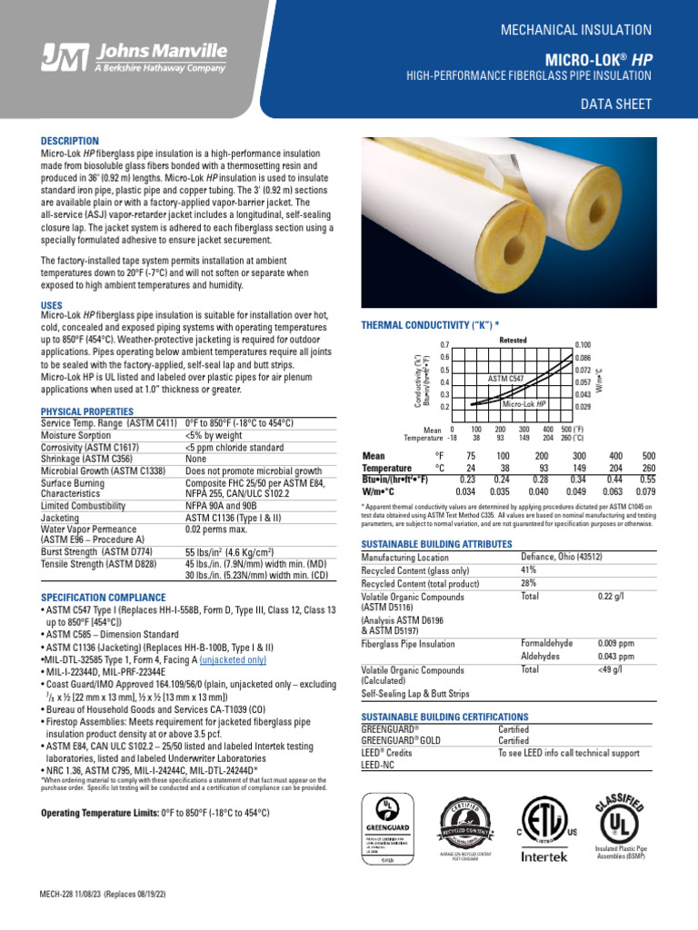 Micro-Lok HP Pipe Insulation Overview | PDF | Fiberglass | Thermal ...