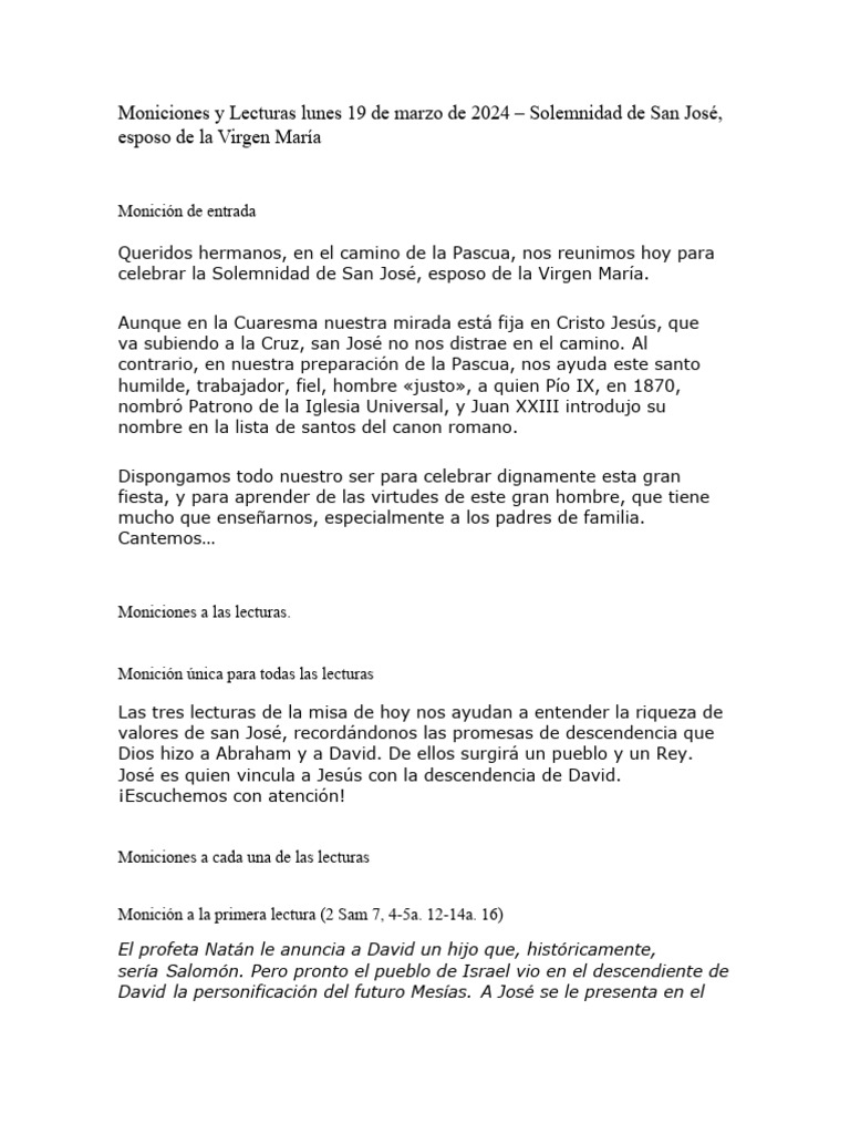 Moniciones y Lecturas Lunes 19 de Marzo de 2024 | PDF | San José | María, madre de Jesús