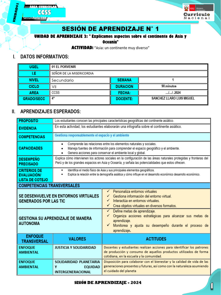 Sesion CCSS 4°unid.2 Seison 1 | PDF | Asia | Aprendizaje