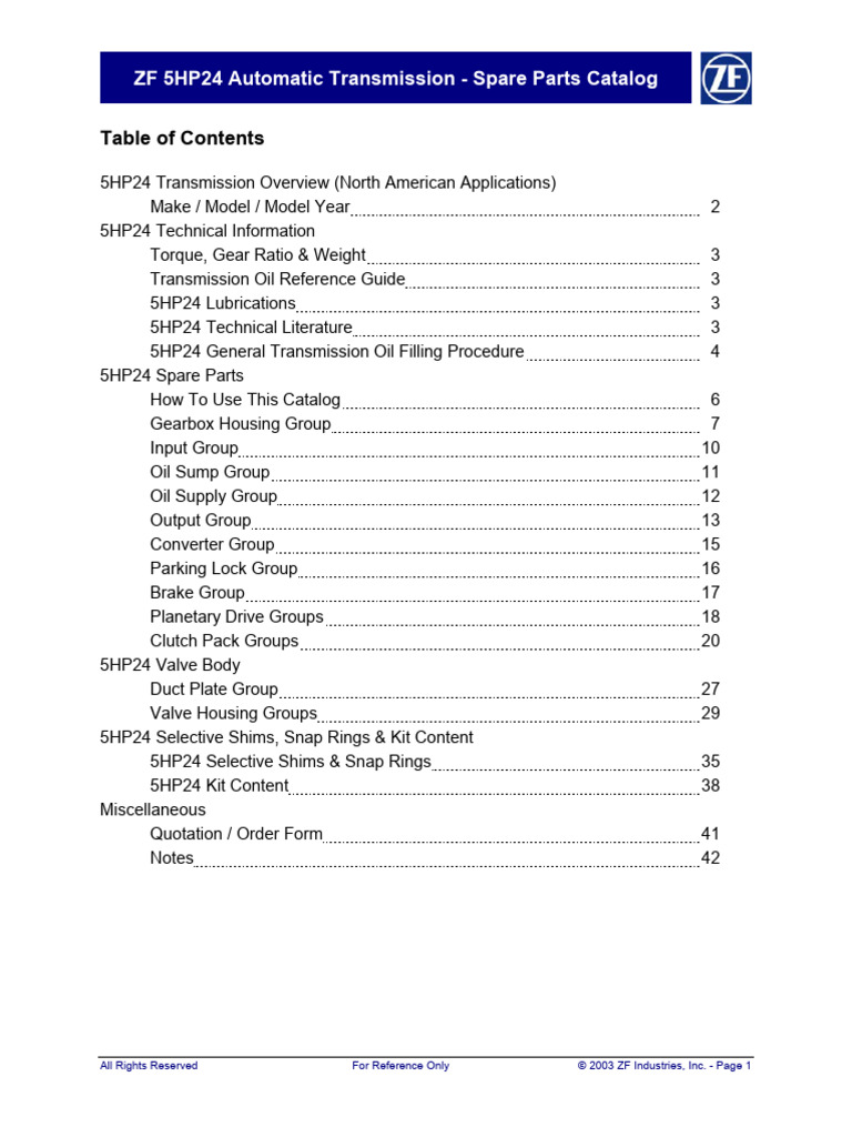 ZF 5HP24 Automatic Transmission - Spare Parts Catalog | PDF