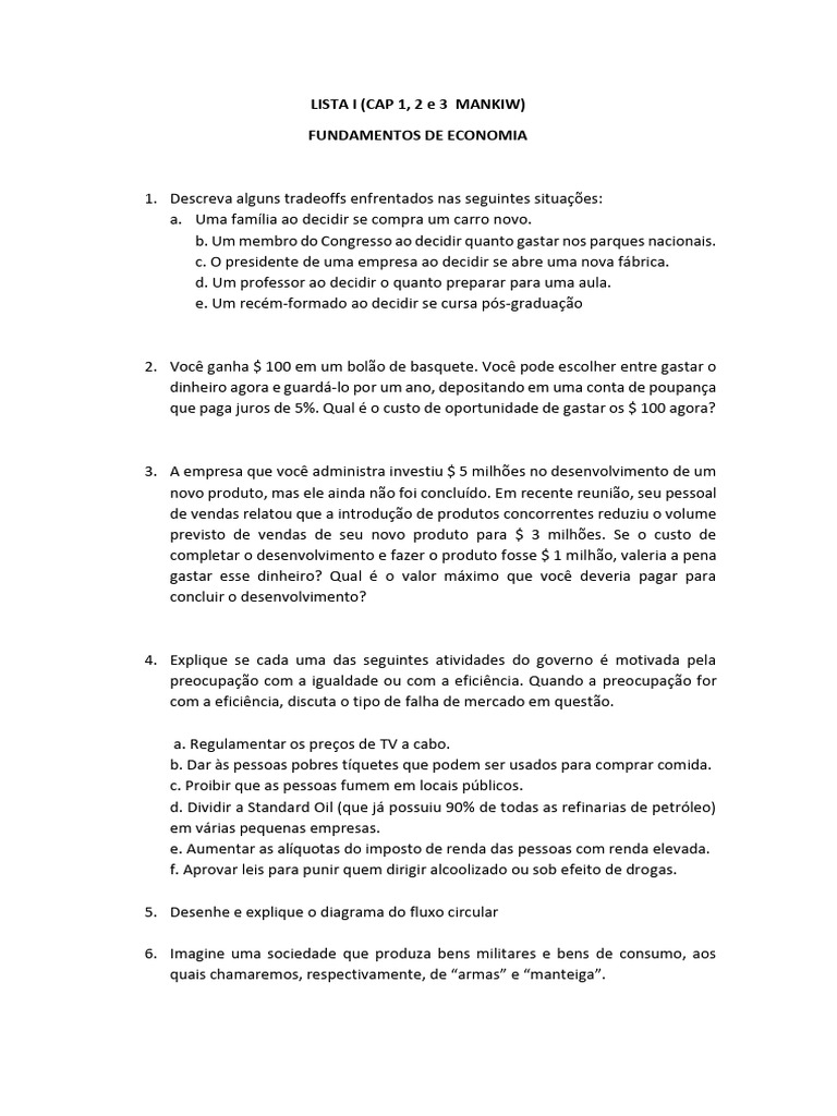 Lista I | PDF | Vantagem comparativa | Economia