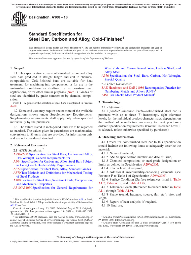 ASTM A108-13 - Standard Specification For Steel Bar, Carbon and Alloy, Cold-Finished | PDF ...