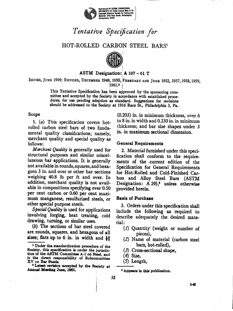 ASTM A107-61 - Hot-Rolled Carbon Steel Bars | PDF