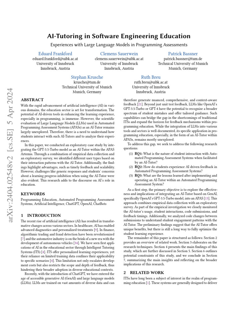 AI-Tutoring in Software Engineering Education: Eduard Frankford Clemens Sauerwein Patrick ...