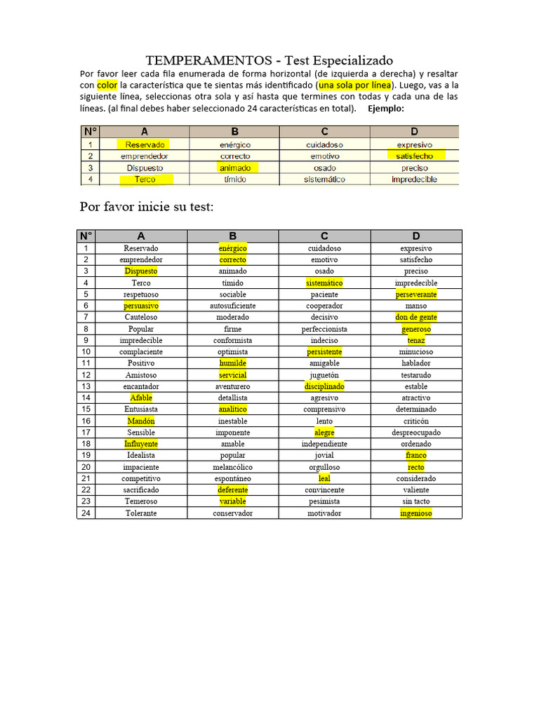 Formato Test Temperamentos para Enviar | PDF
