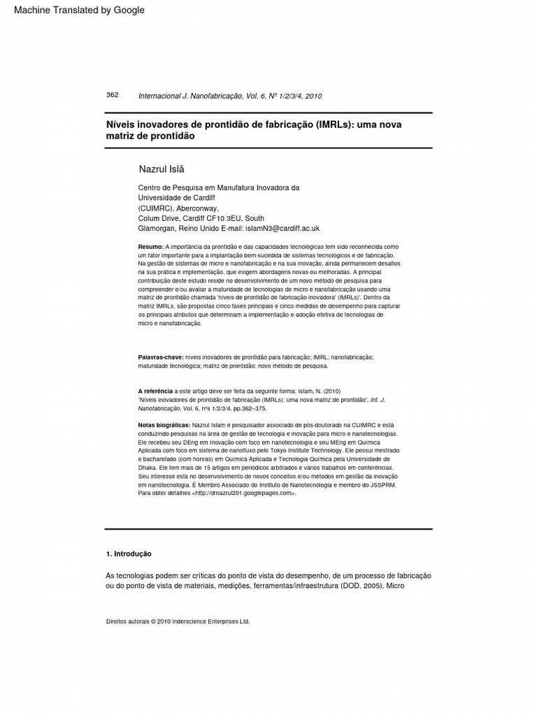 Innovative Manufacturing Readiness Levels (IMRLs) | PDF | Inovação | Vida