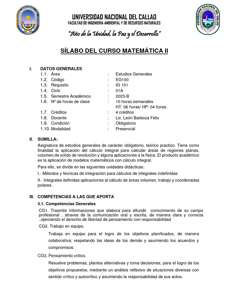 Leon Barboza-Silabo Matematica Ii Unac 2023 | PDF | Integral | Evaluación