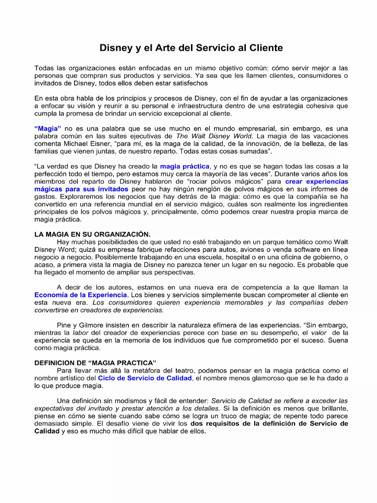 Resumen DISNEY Y EL ARTE DEL SERVICIO AL CLIENTE | PDF
