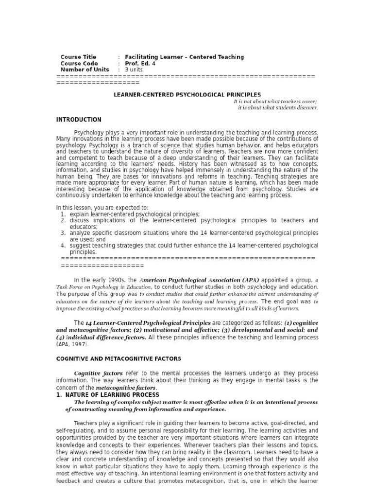 14 Learner-Centered Principles | PDF