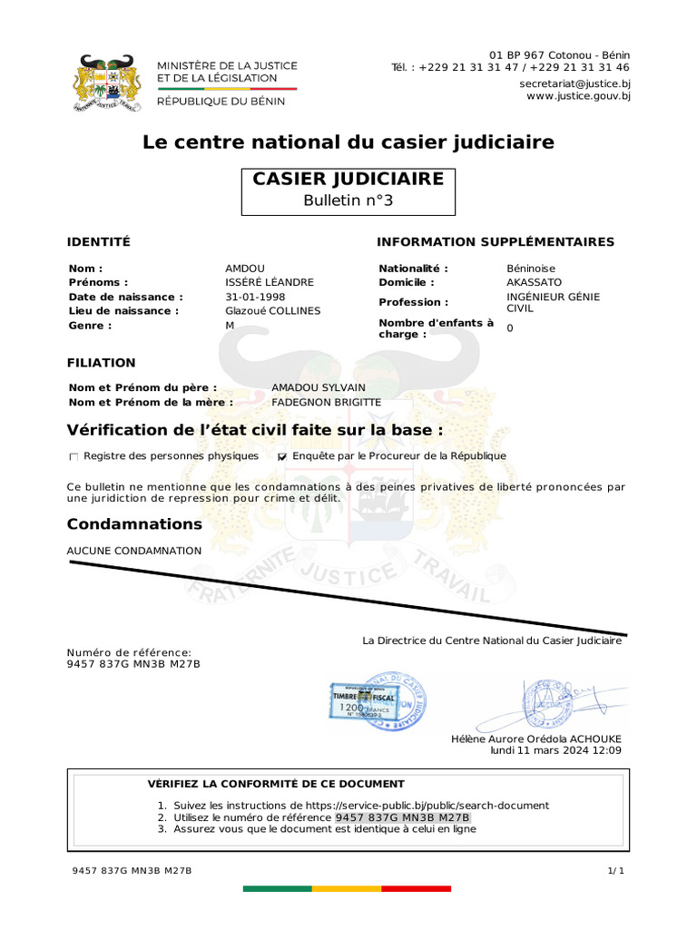 Bulletin de casier judiciaire marocain | PDF | Justice | Crime et violence