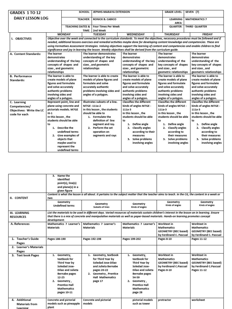 DLL_MATH_7_Q3_W | PDF | Line (Geometry) | Learning