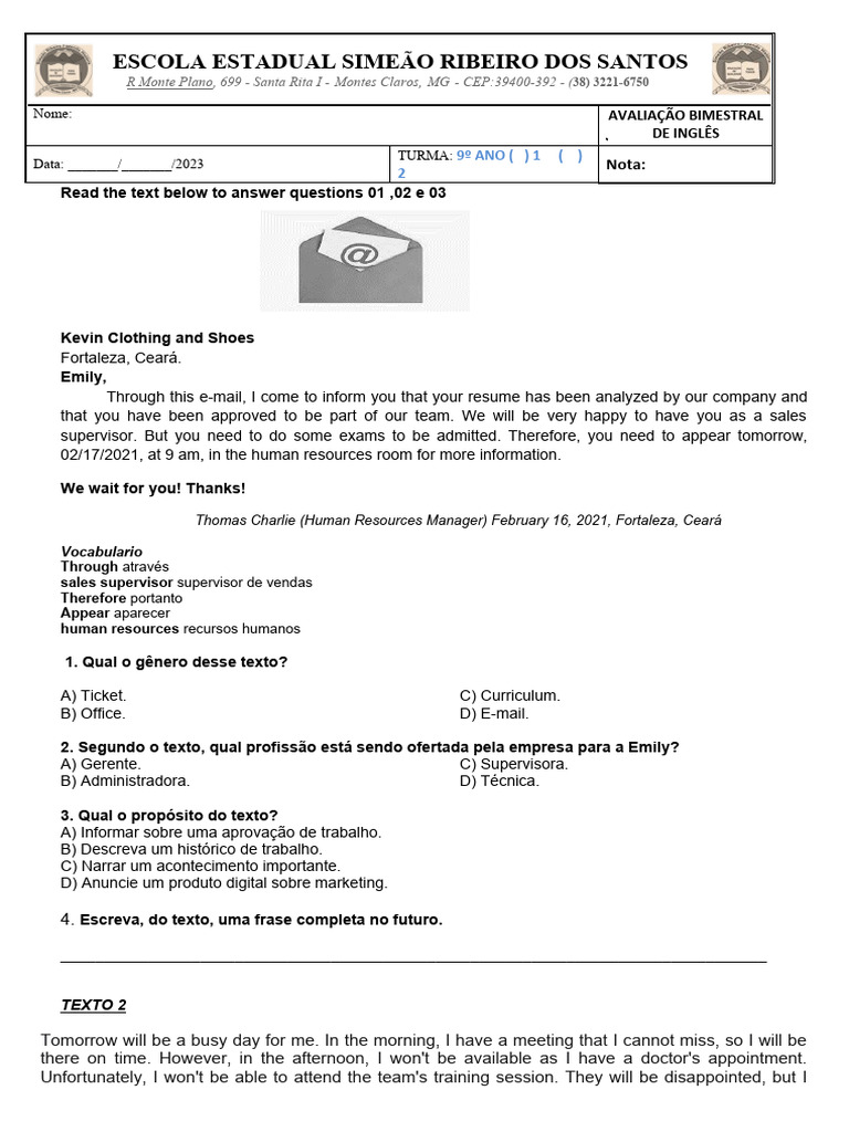 PROVA 9 ANO A 3º bimestre | PDF