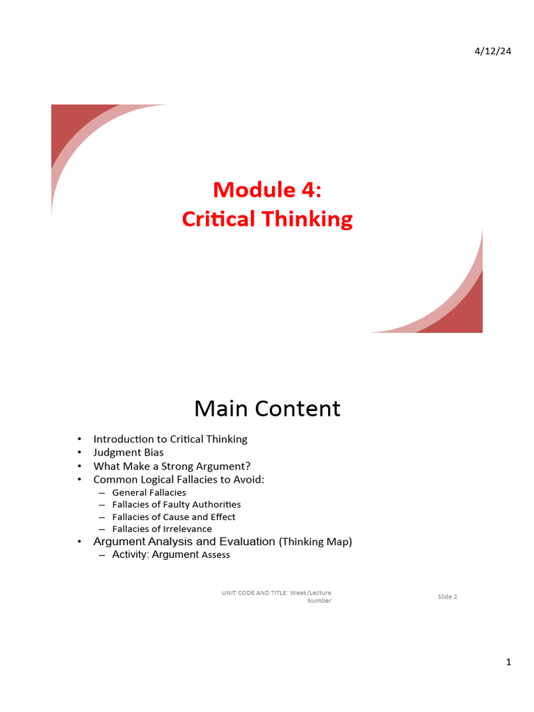 2024 - Module 4 Critical Thinking - Handout | PDF | Argument | Fallacy 2024 - Module 4 Critical Thinking - Handout | PDF | Argument | Fallacy