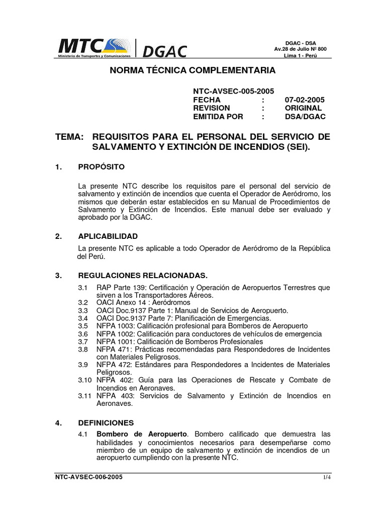 NTC_avsec_005_2005 Requisitos Personal SEI | PDF | Aeropuerto | Bombero