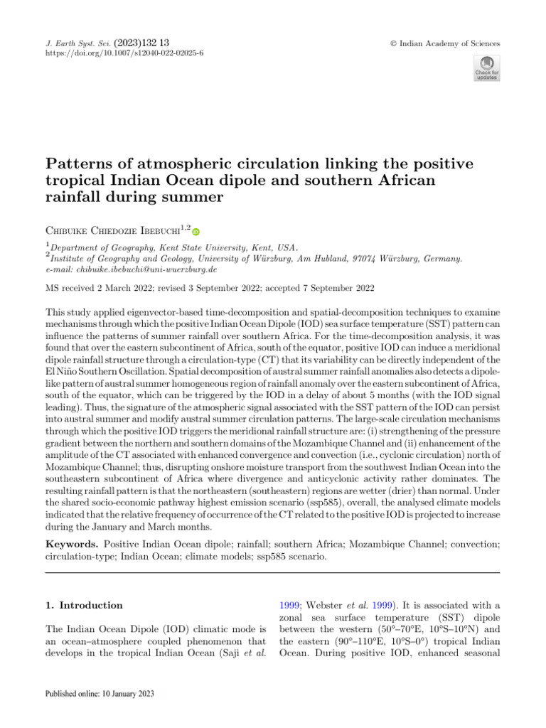 Patterns of Atmospheric Circulation Linking The Positive (IOD ...