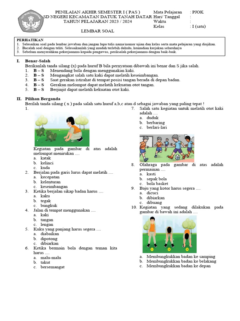 Soal Pas Semester I Pjok Kelas 2a T.P. 2023-2024 | PDF