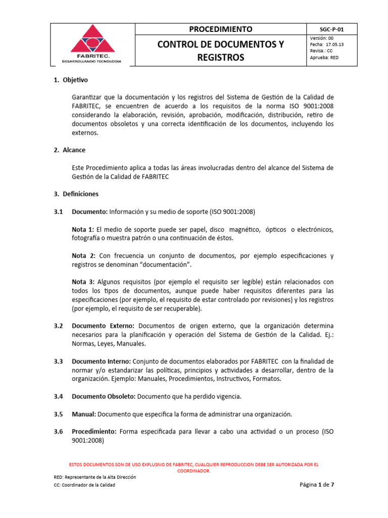 SGC-P-01 Control de Documentos y Registros v00 | PDF | Sistema de ...