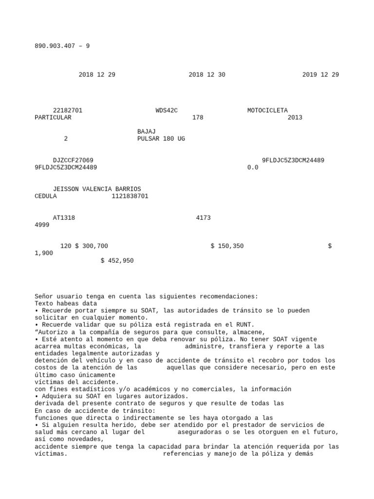 Soat Moto | PDF | Seguro de vehículo | Póliza de seguros