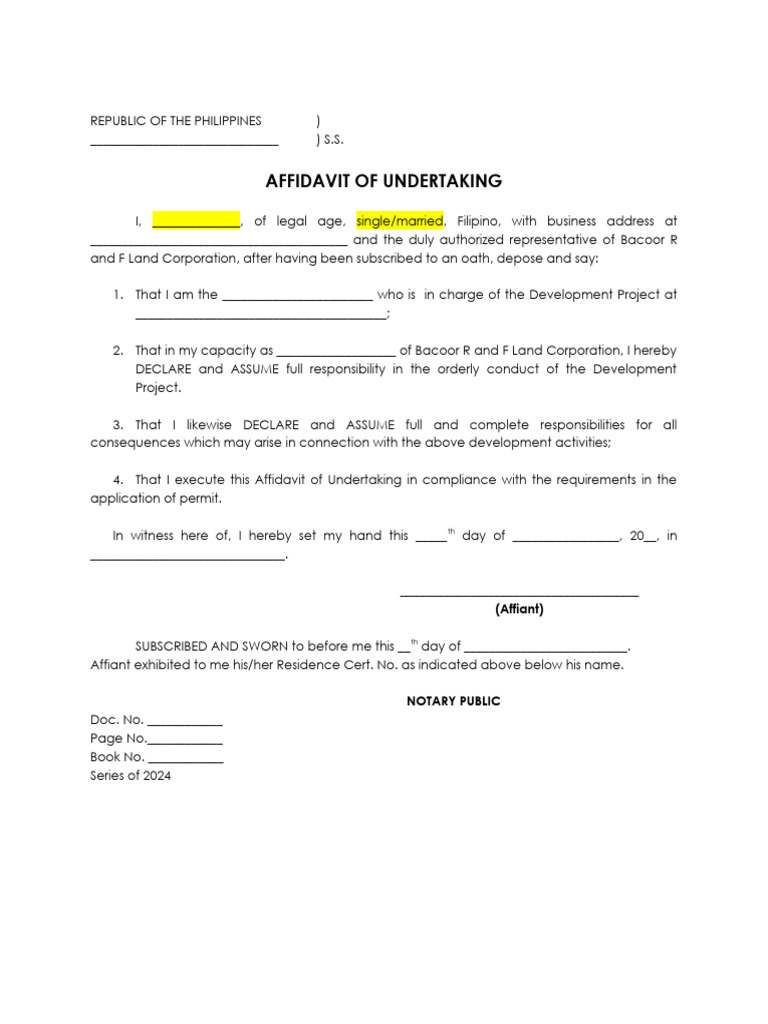 Affidavit of Undertaking Template | PDF