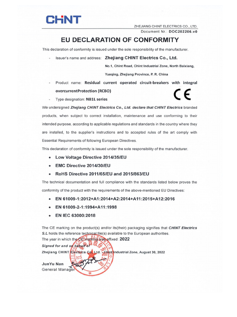 Doc202206 Chint Nb1l Eu Declaration Conformity Ce 2022 | PDF