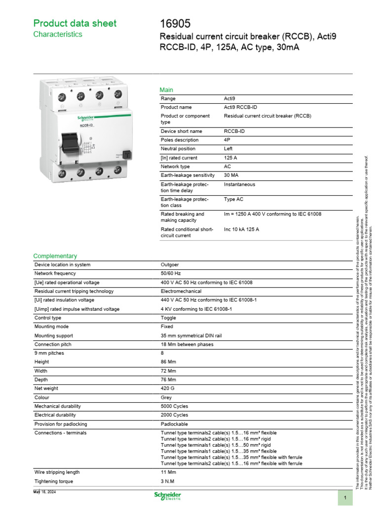 Product Data Sheet: Residual Current Circuit Breaker (RCCB), Acti9 RCCB ...
