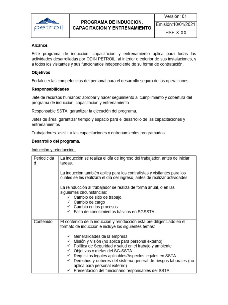 Hse-D-Xx Programa de Induccion Capacitacion y Entrenamiento | PDF | Creación de capacidad ...