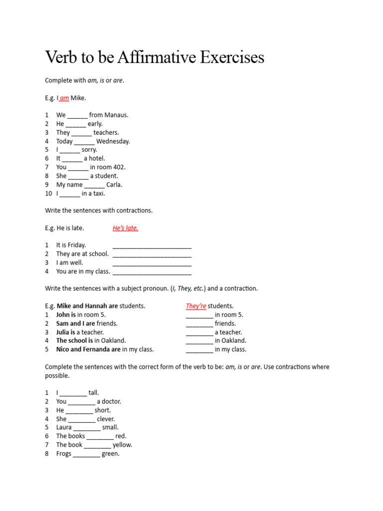 Verb to be Affirmative Exercises | PDF