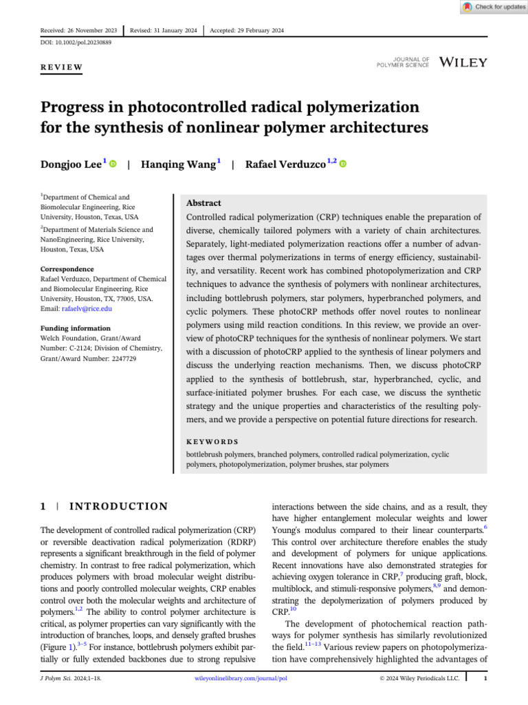 2024 Progress in Photocontrolled Radical Polymerization For The Synthesis of Nonlinear | PDF ...