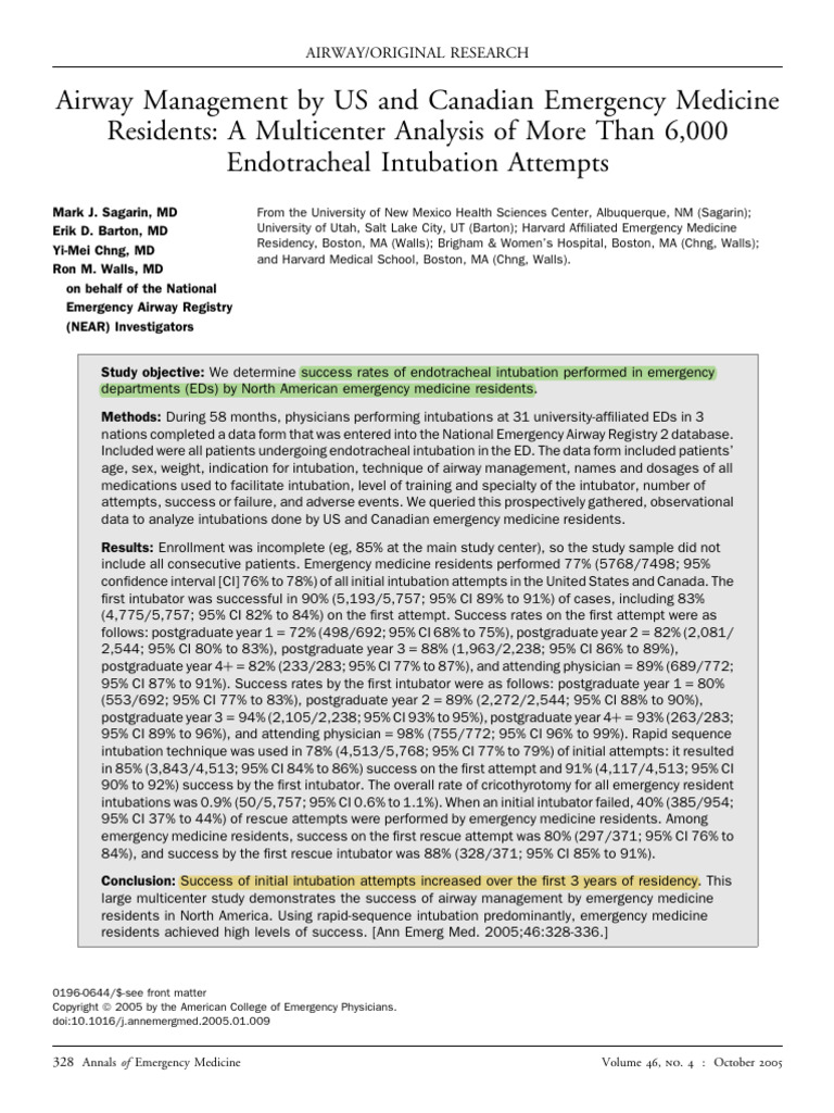 Airway Management by US and Canadian Emergency Medicine Sagarin2005 ...