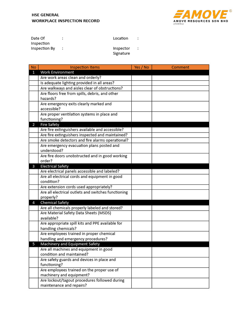 HSE Workplace Safety Inspection Checklist | PDF | Personal Protective ...