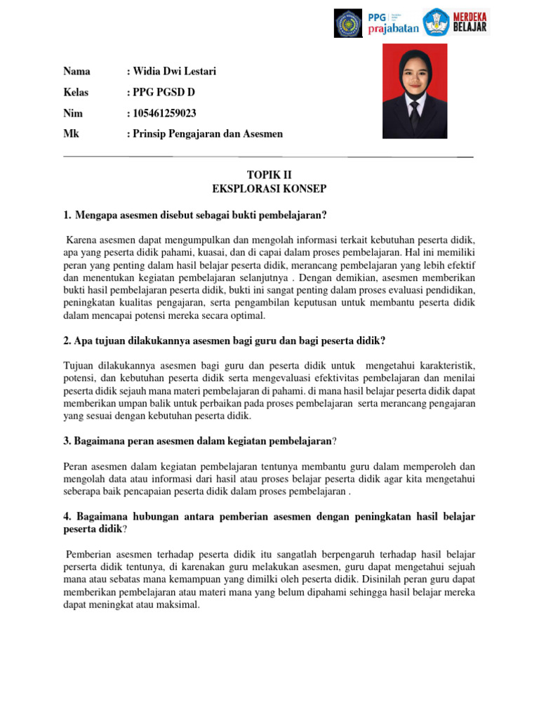 T2. Eksplorasi Konsep Prinsip Pengajaran Dan Asesmen (Widia Dwi Lestari) | PDF