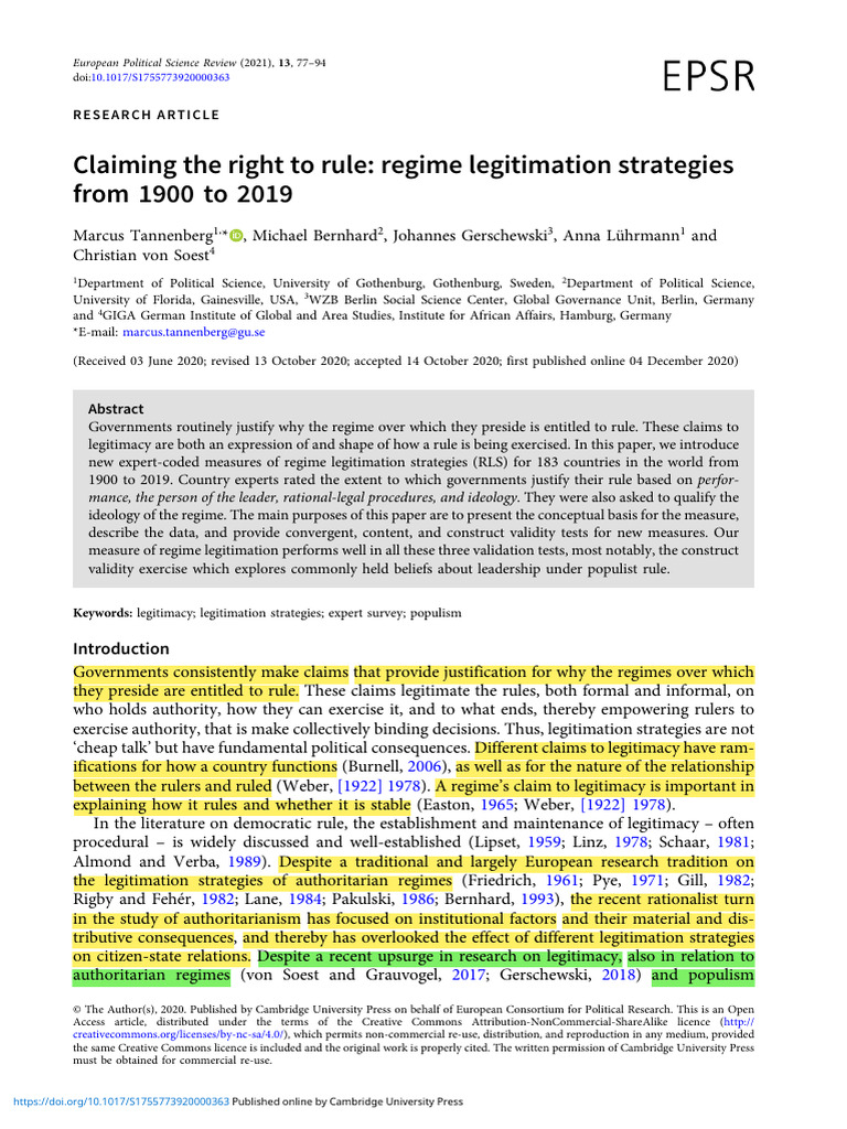 Claiming The Right To Rule - Regime Legitimation Strategies From 1900 ...