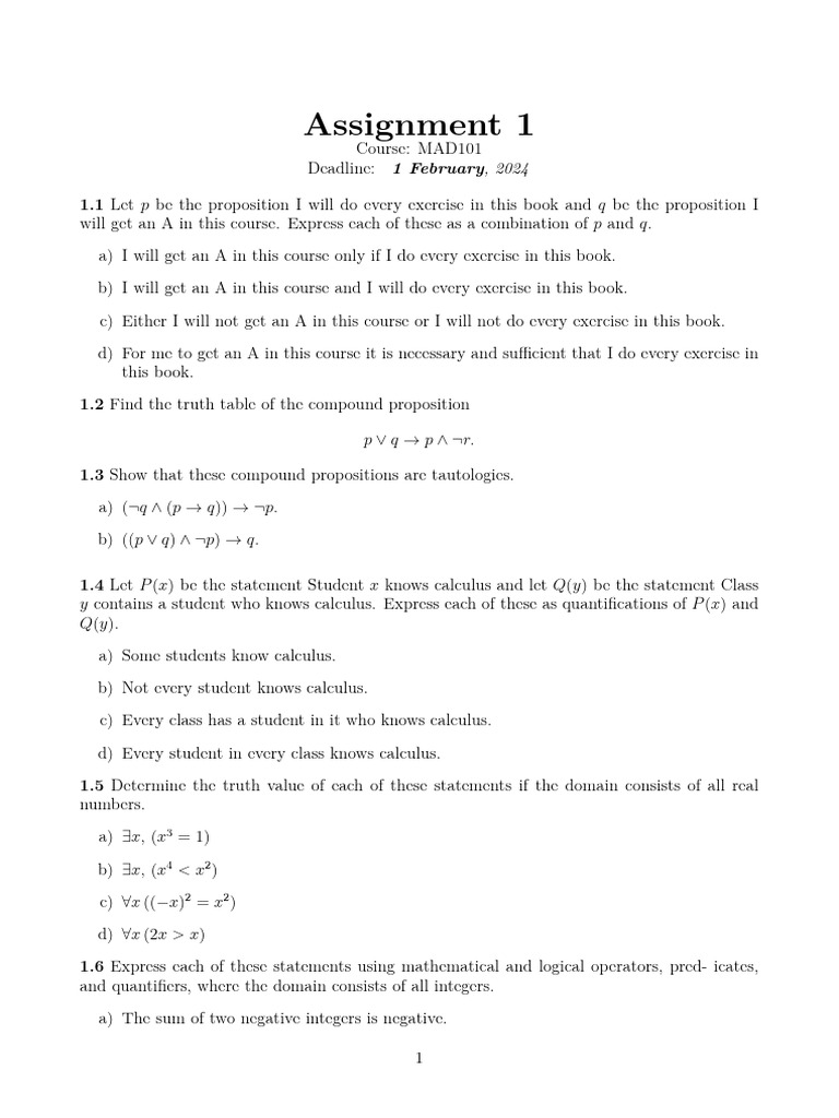 Assignment 1 | PDF | Proposition | Mathematics