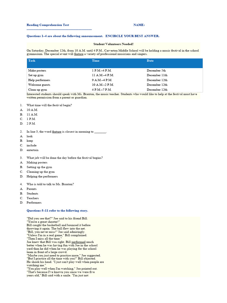 Reading Comprehension 1 | PDF