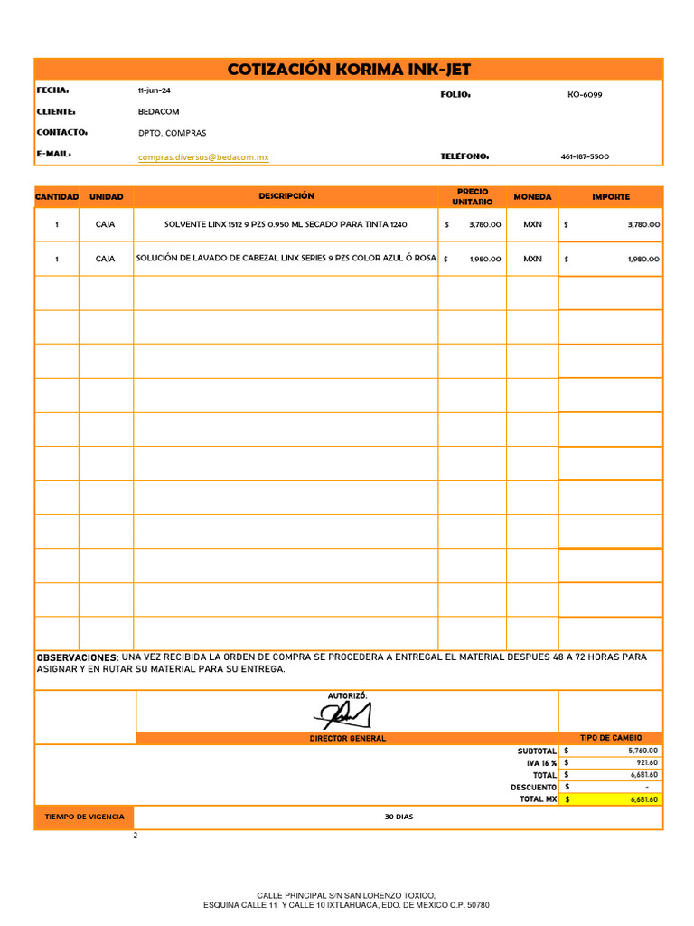 Cotización de Materiales KORIMA INK-JET | PDF